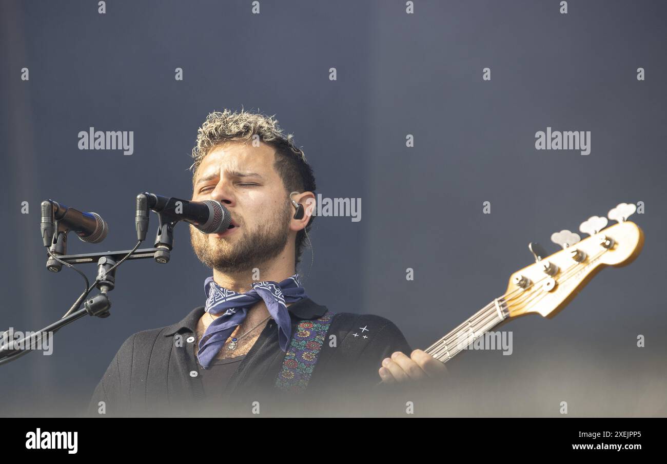 Linz, Austria. 27th June, 2024. Bassist Philipp Dausch during a concert ...