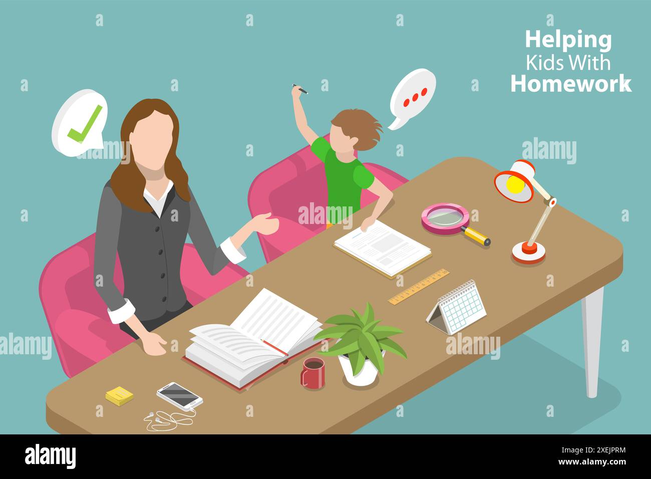 3D Isometric Flat Conceptual Illustration of Helping Kids With Homework ...