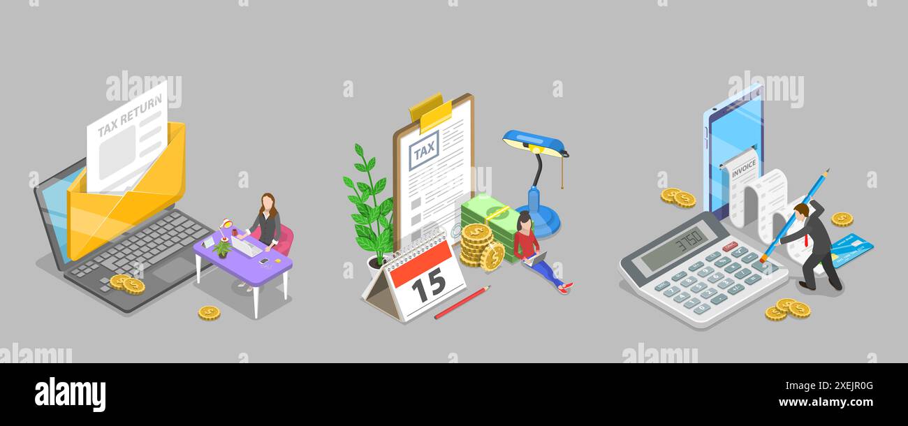 3D Isometric Flat Conceptual Illustration of Tax Calcualtion Report ...