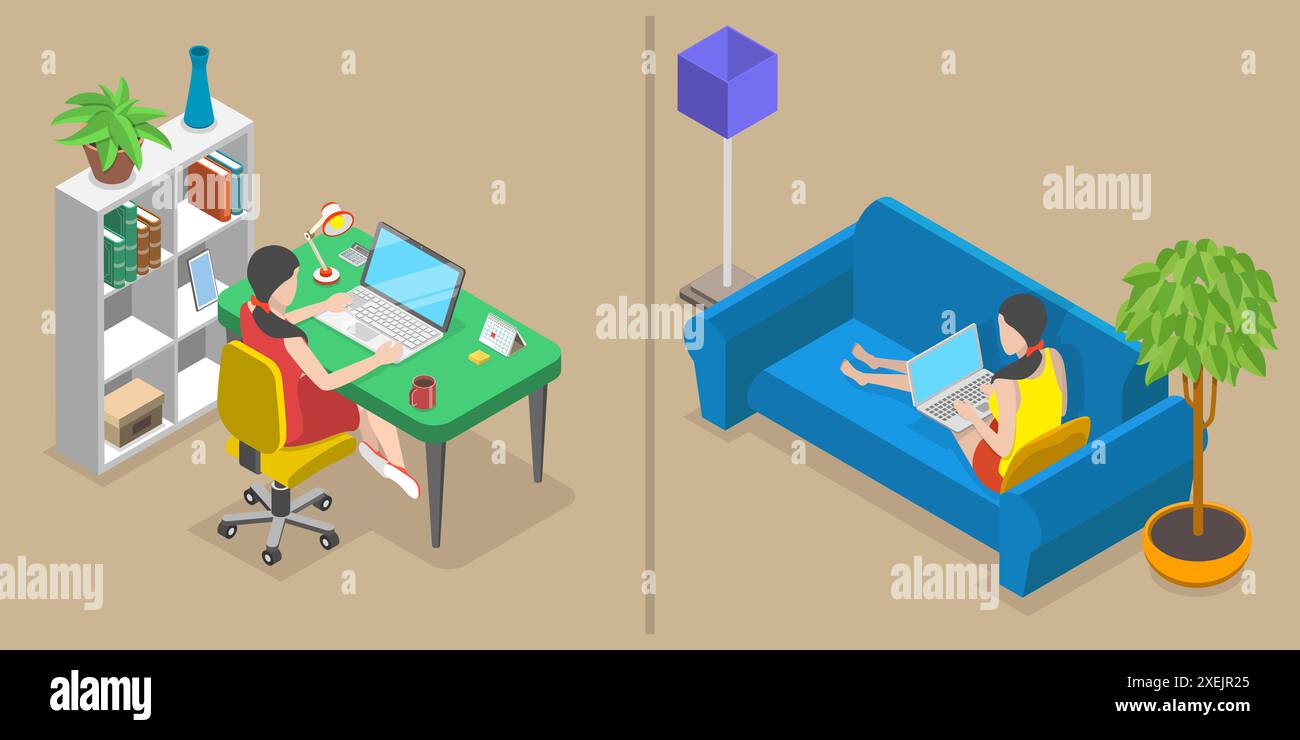 3D Isometric Flat Conceptual Illustration of Working From Home Vs ...