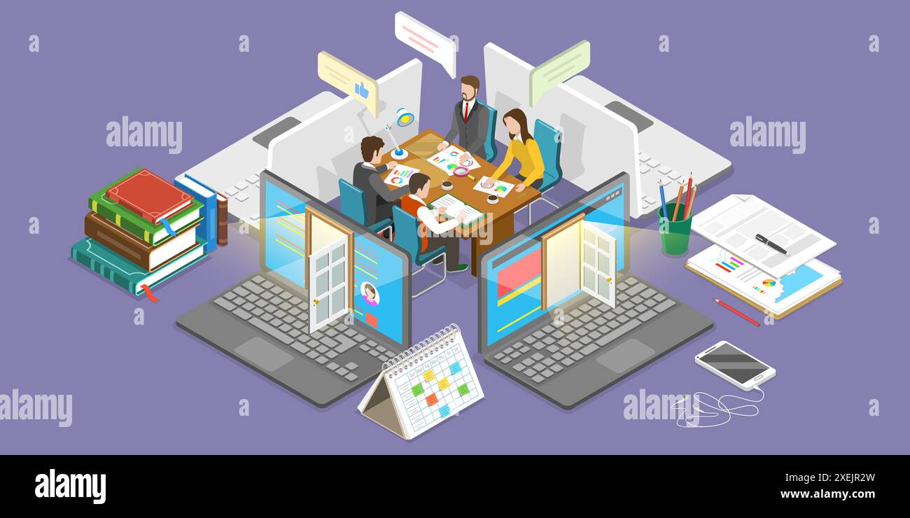 3D Isometric Flat Conceptual Illustration of Hybrid Work, Telework and ...
