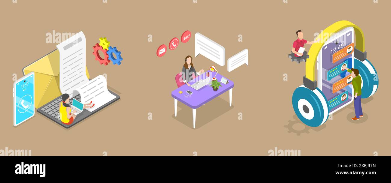 3D Isometric Flat Conceptual Illustration of Customer Service, Global Technical Hotline Support ...