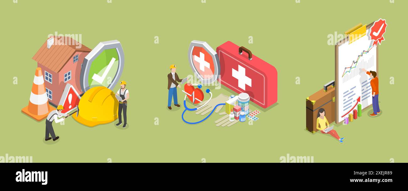 3D Isometric Flat Conceptual Illustration of Safety Work, HSE - Health ...