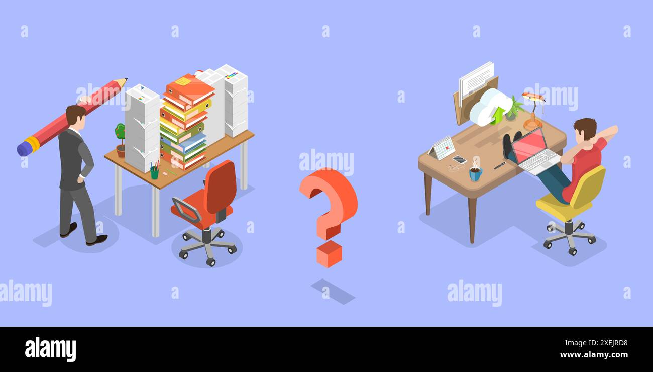 3D Isometric Flat Conceptual Illustration of Paper VS Digital Documents ...