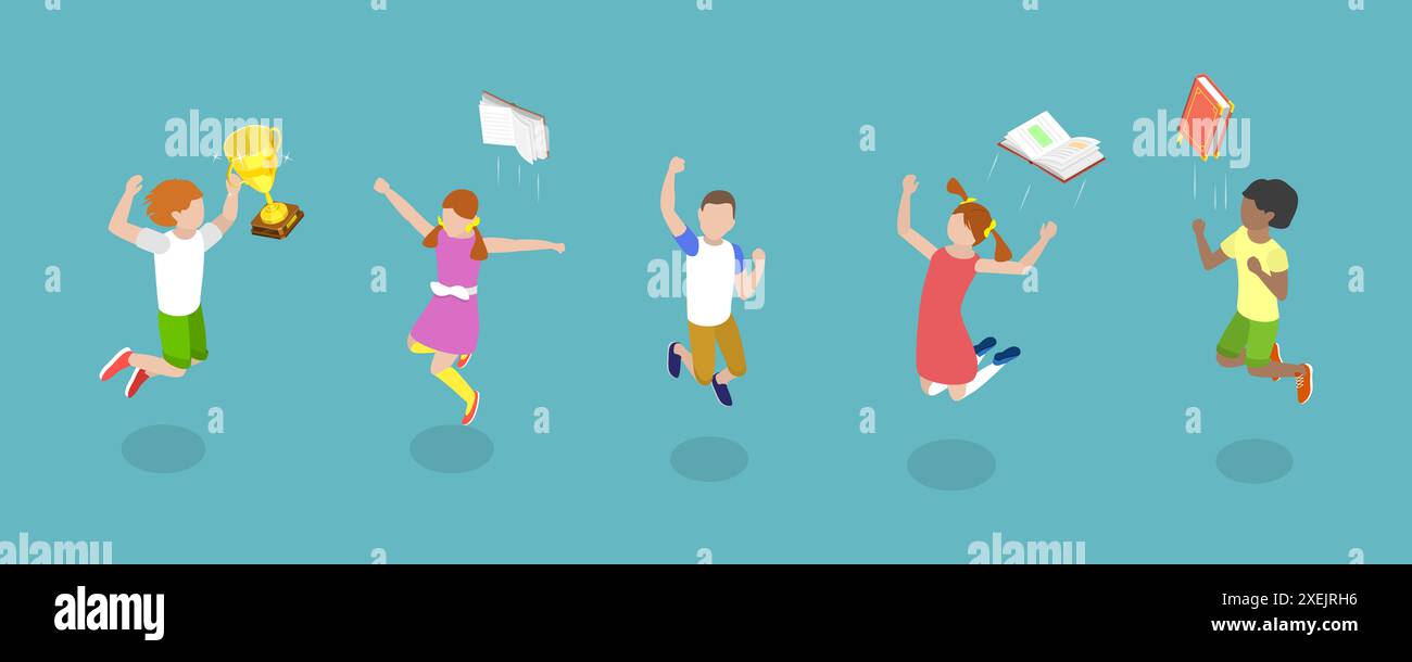 3D Isometric Flat Conceptual Illustration of Jumping Happy Kids, Back ...