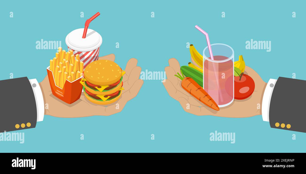3D Isometric Flat Conceptual Illustration of Fastfood Vs Balanced Menu ...