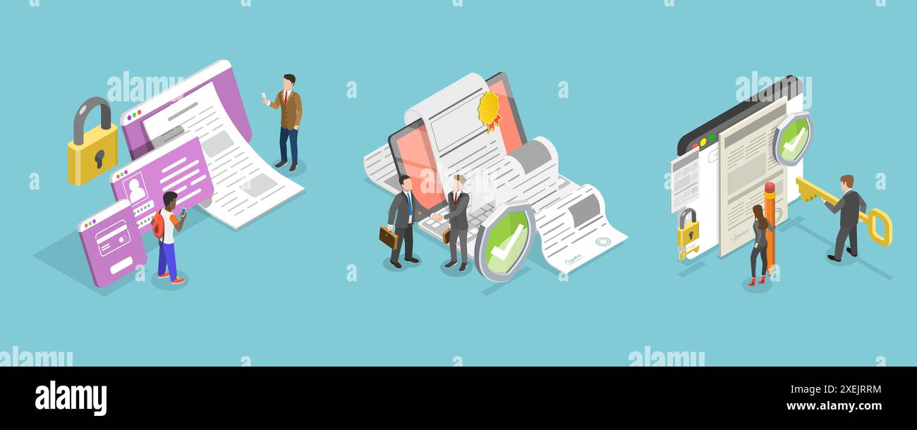 3D Isometric Flat Conceptual Illustration of Secured Document ...
