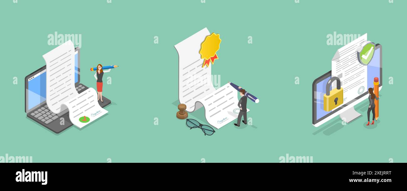 3D Isometric Flat Conceptual Illustration of Signing Legal Contract ...