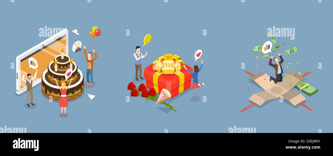 3D Isometric Flat Conceptual Illustration of Celebrating Set, Happy and ...