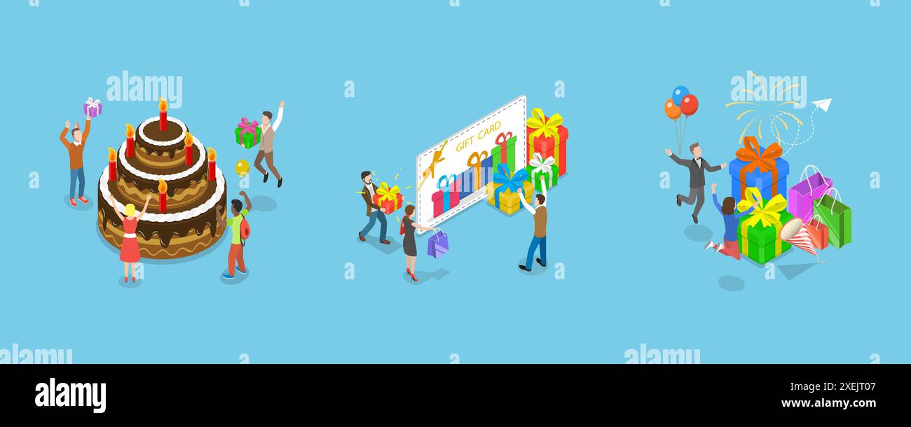 3D Isometric Flat Conceptual Illustration of Celebrating Party, Happy ...