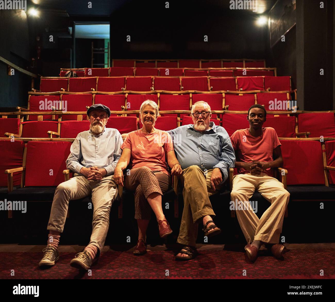 Diverse group, audience and portrait in cinema for movie, concert and ...