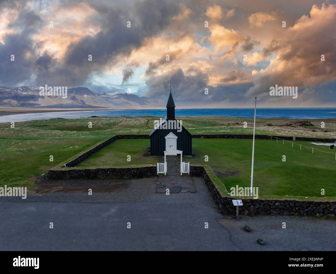Aerial View of the Black Church in Budir, Iceland at Sunset Stock Photo ...
