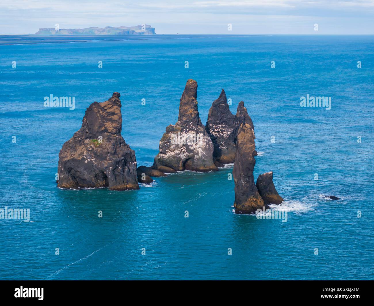 Aerial View of Reynisdrangar Sea Stacks and Black Sand Beach in Iceland ...