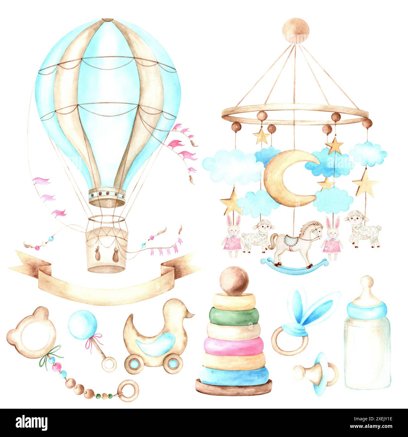 Balloon, pyramid, carousel, duck, pacifier. Toys for babies. Watercolor ...