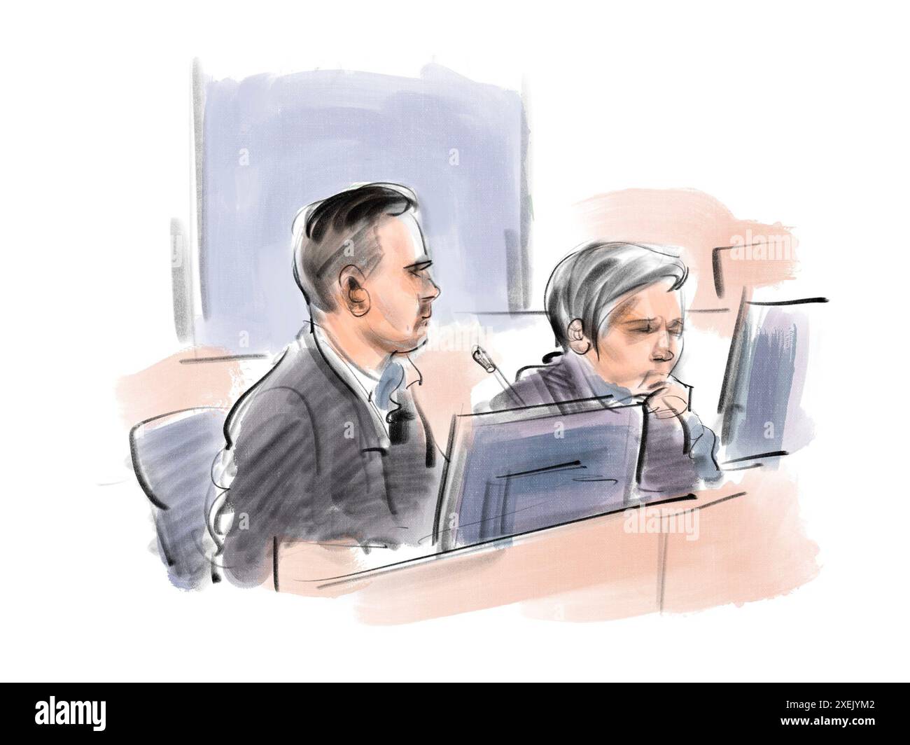 (FILE) Court drawing of defense lawyer Karina Skou, to the right, and ...