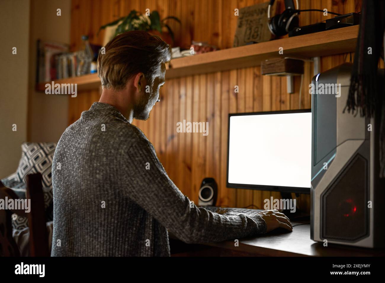 Man, house and computer with screen at desk for online course, mockup ...