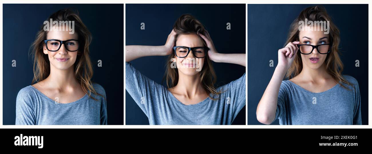 Collage, glasses and eyewear as girl with smile in dark background for ...