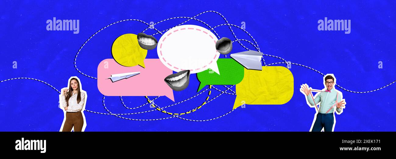 Panoramic creative picture collage young man woman coworkers colleagues ...