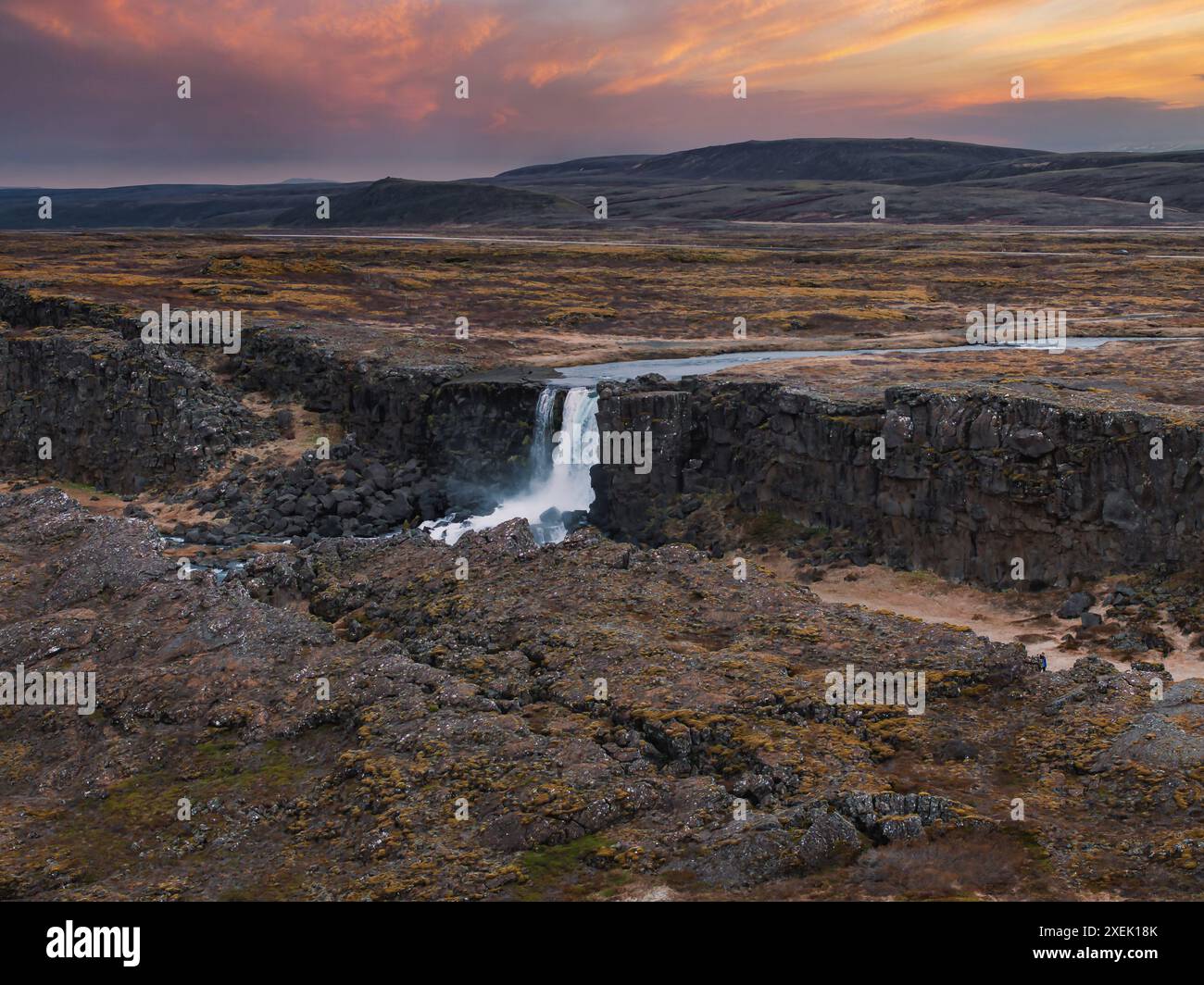 Aerial panorama of the Oxarafoss waterfalls in Iceland. Oxarafoss also ...