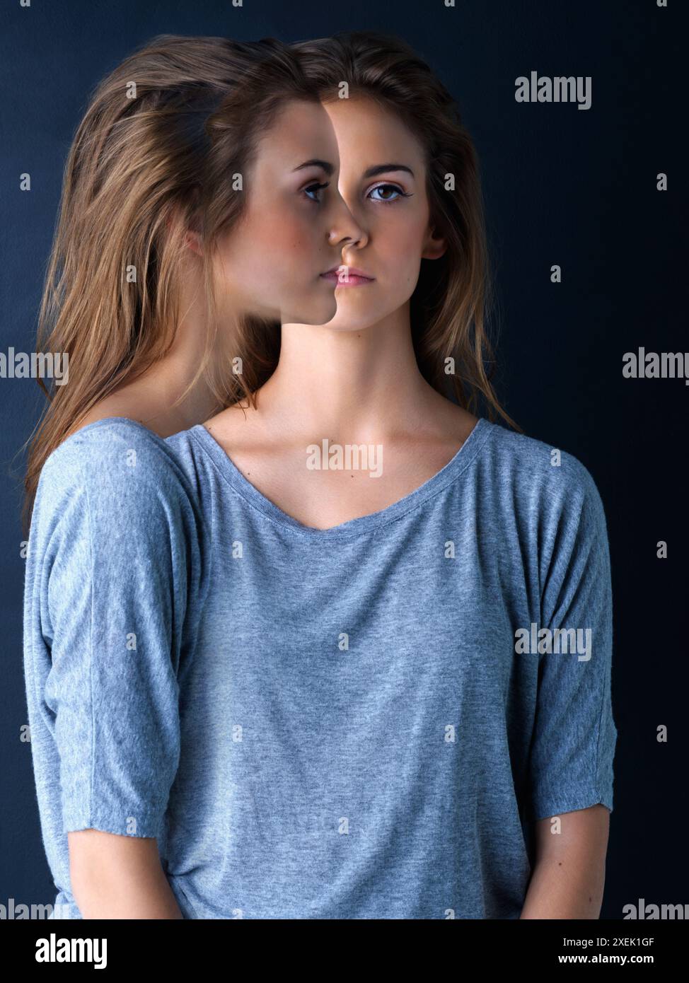 Portrait, bipolar and girl for mental health in dark background for ...