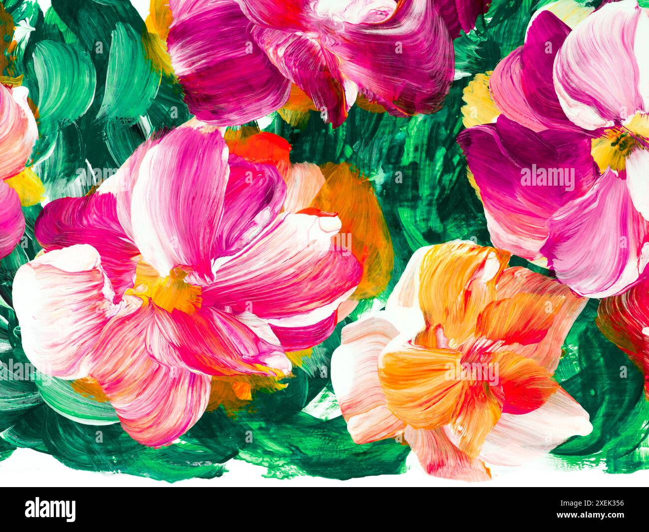Pink abstract flowers, original hand drawn, impressionism style, color ...