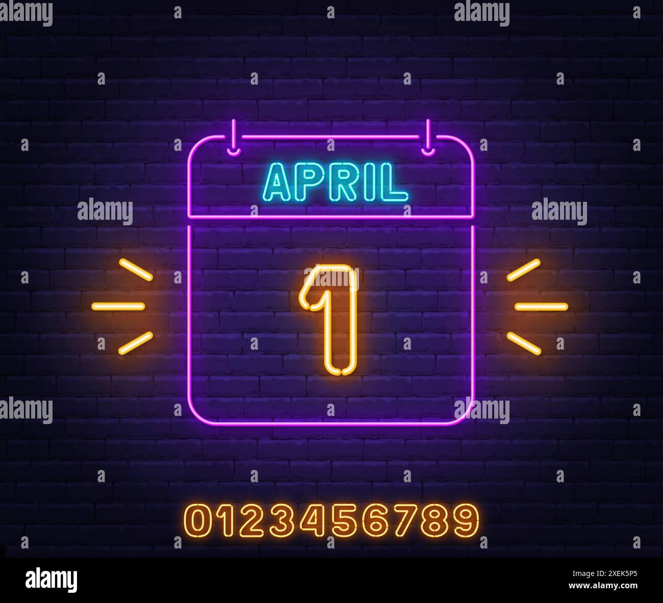 Neon Calendar Sign on brick wall background. 1 April text Stock Vector ...