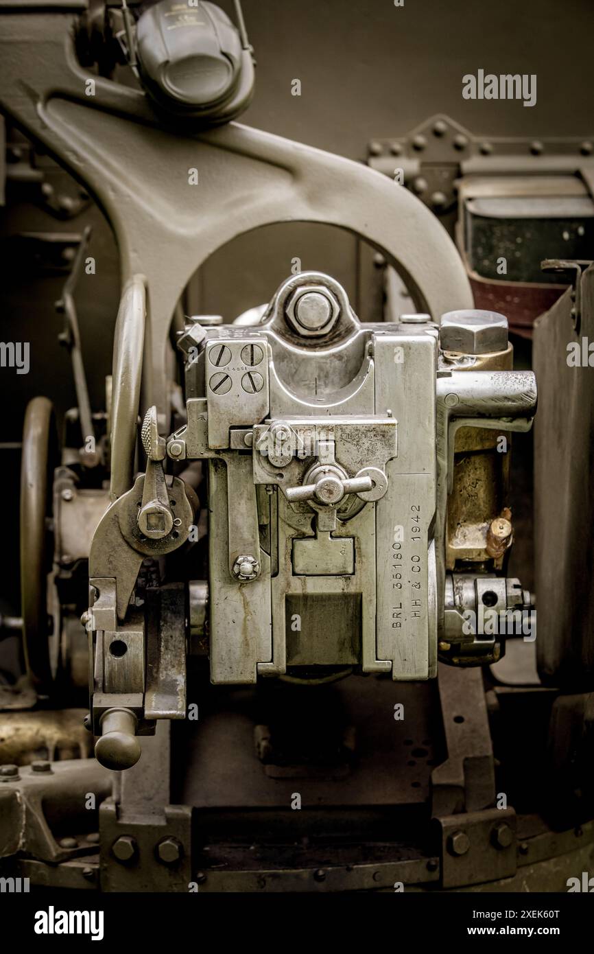 Detailed, close-up rear view of a 2 pounder World War 2 (WW2) gun ...