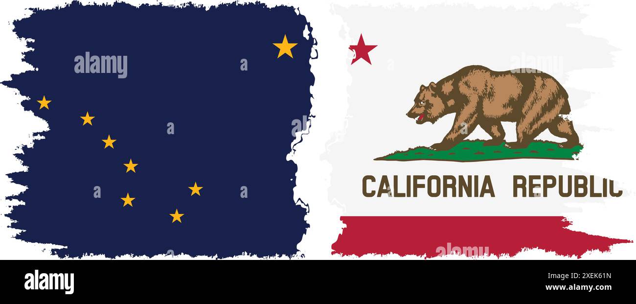 California and Alaska states grunge brush flags connection, vector ...
