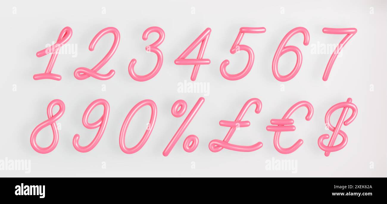 3D Pink Script Number Set 1,2,3,4,5,6,7,8,9,zero,dollar, pound, euro ...