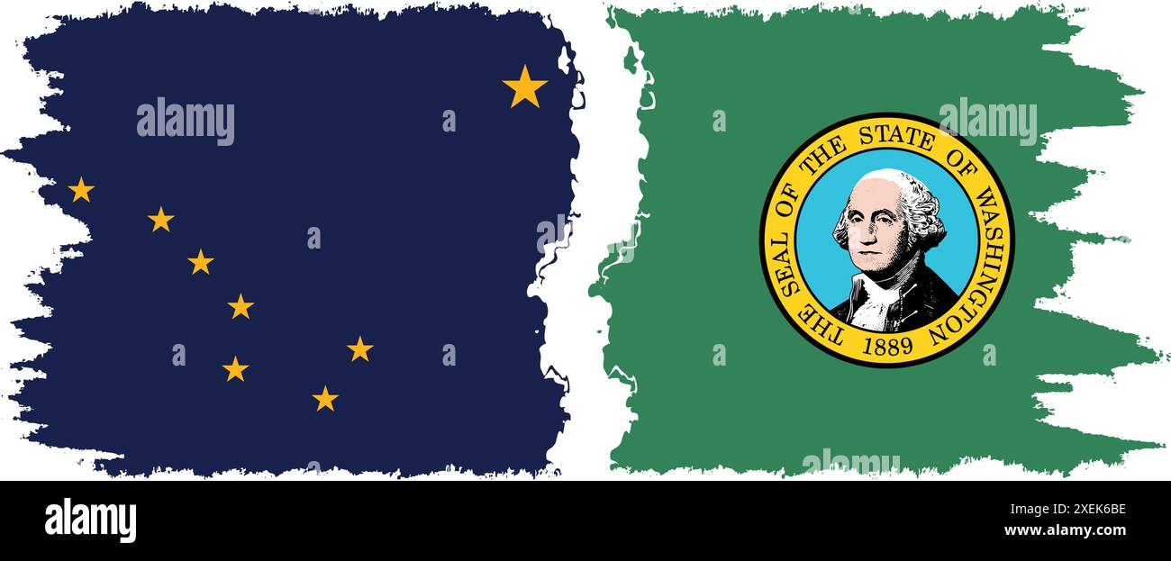 Washington and Alaska states grunge brush flags connection, vector ...