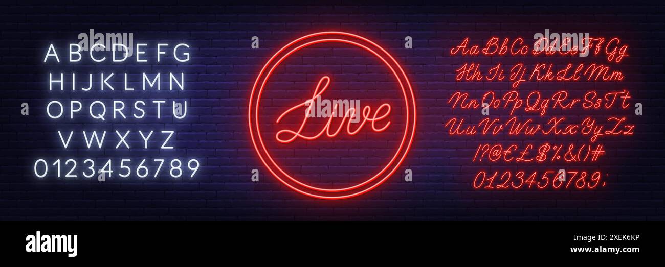 Live Script Neon Sign on brick wall background. Light red script and ...