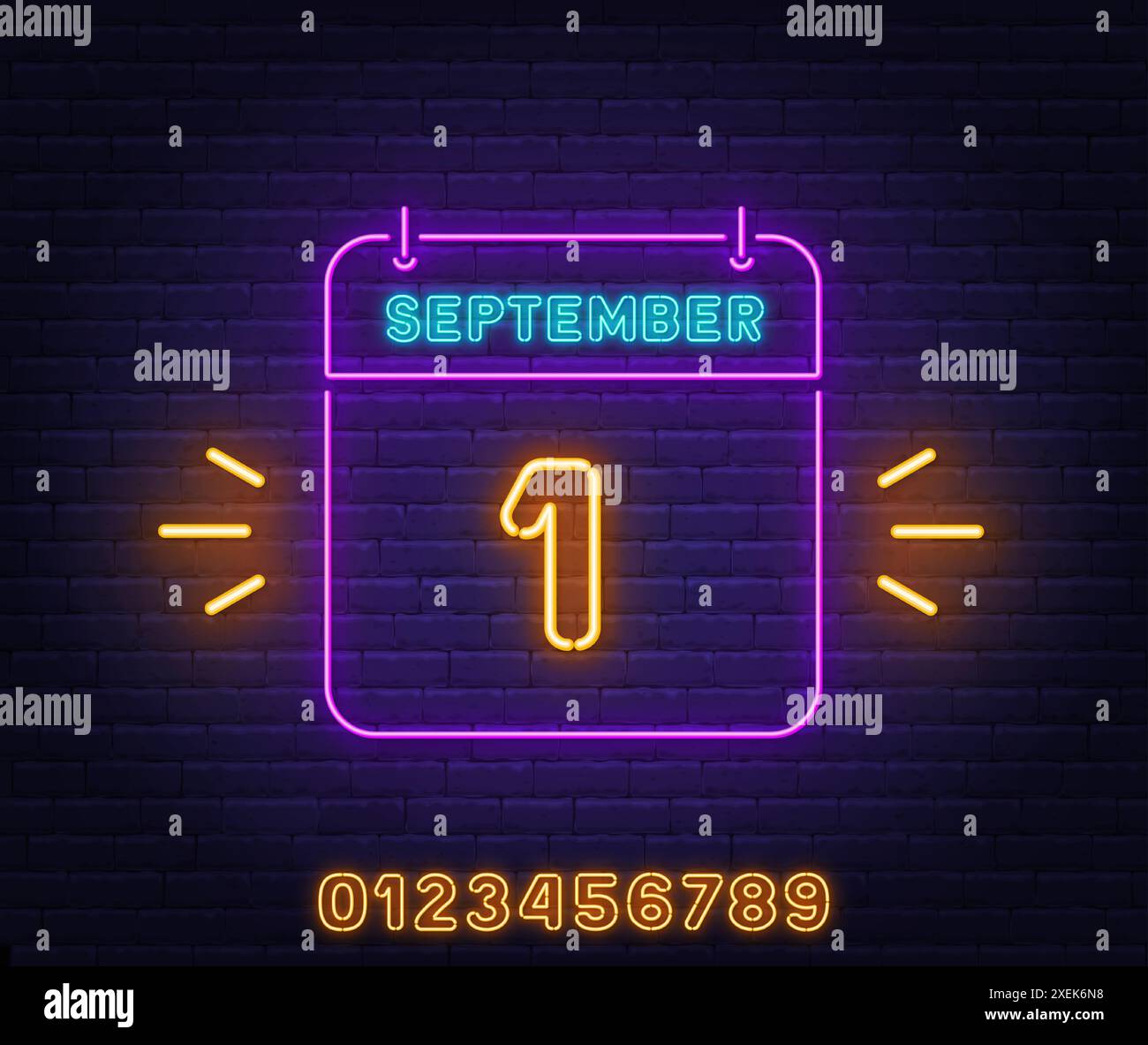 Neon Calendar Sign on brick wall background. 1 September text Stock ...