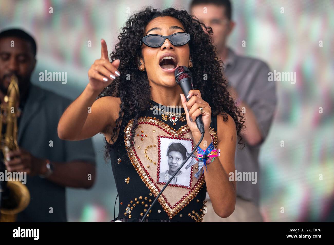 Olivia Dean performs on the pyramid stage at Glastonbury Festival at Worthy Farm in Somerset ...