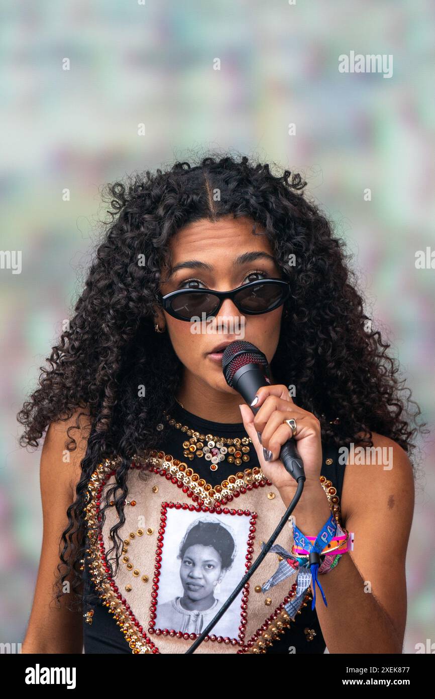 Olivia Dean performs on the pyramid stage at Glastonbury Festival at ...