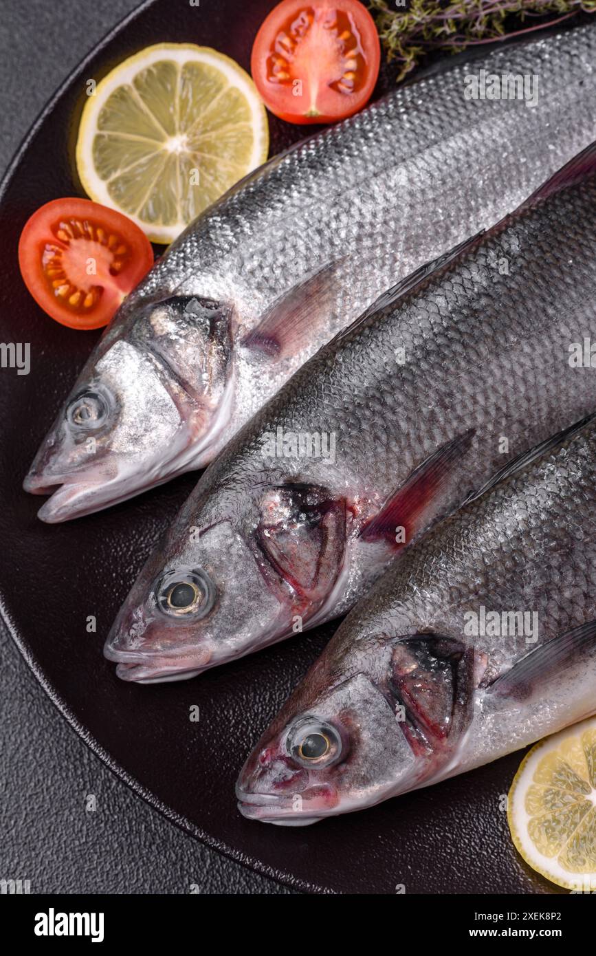 Fresh raw ocean sea bass fish with salt, spices and herbs Stock Photo ...