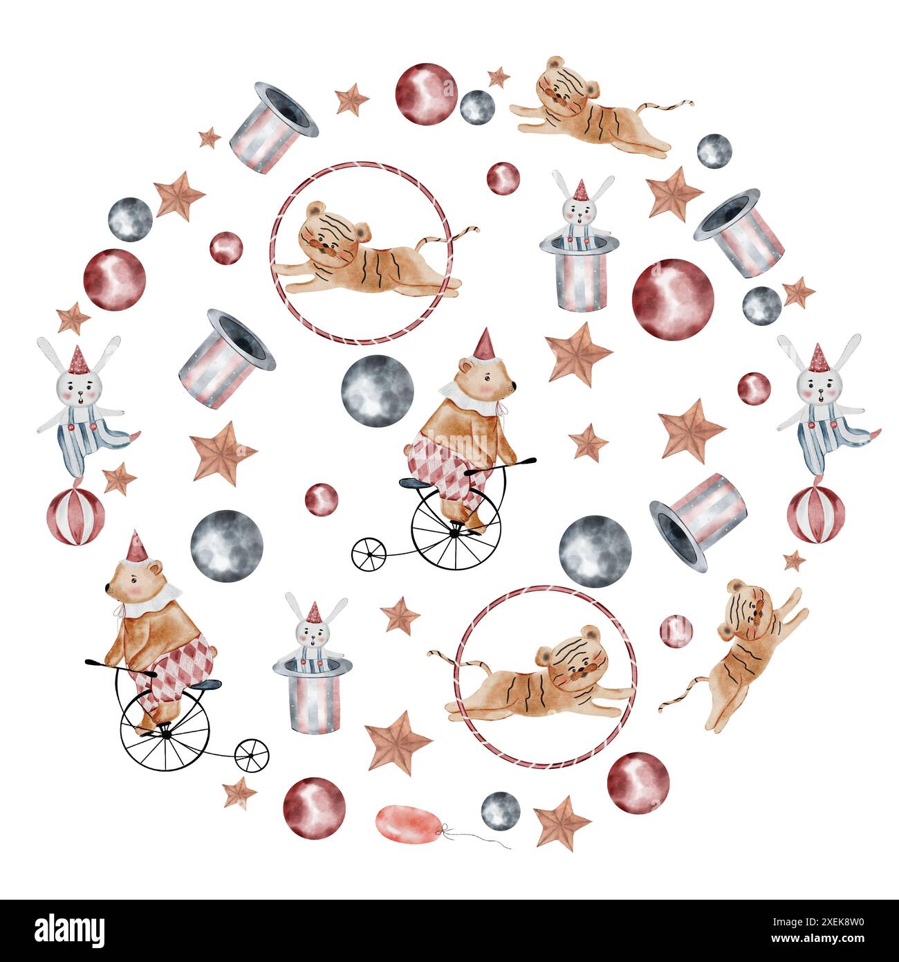 Circus round banner. Watercolor hand drawing in the form of a circle ...