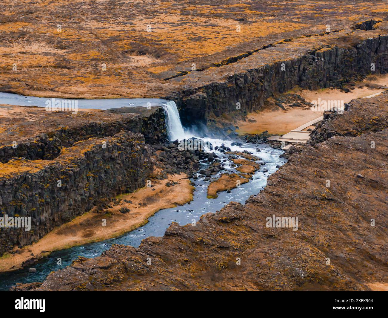 Aerial panorama of the Oxarafoss waterfalls in Iceland. Oxarafoss also ...