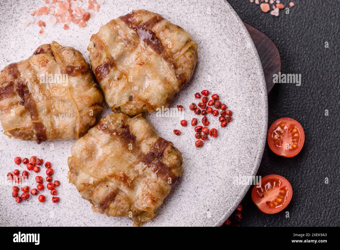 Round minced chicken or pork cutlet wrapped in bacon with salt Stock ...