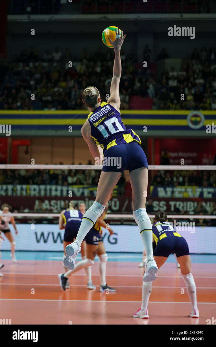 ISTANBUL, TURKIYE - FEBRUARY 28, 2024: Arina Fedorovtseva serves during ...