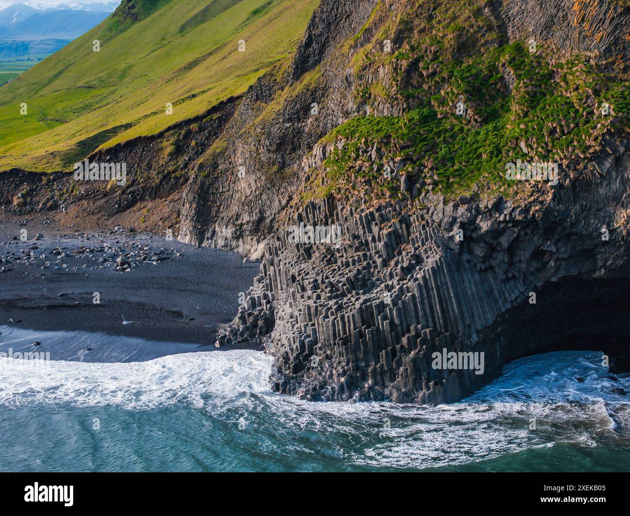 Aerial View of Black Sand Beach with Basalt Columns in Iceland Stock ...