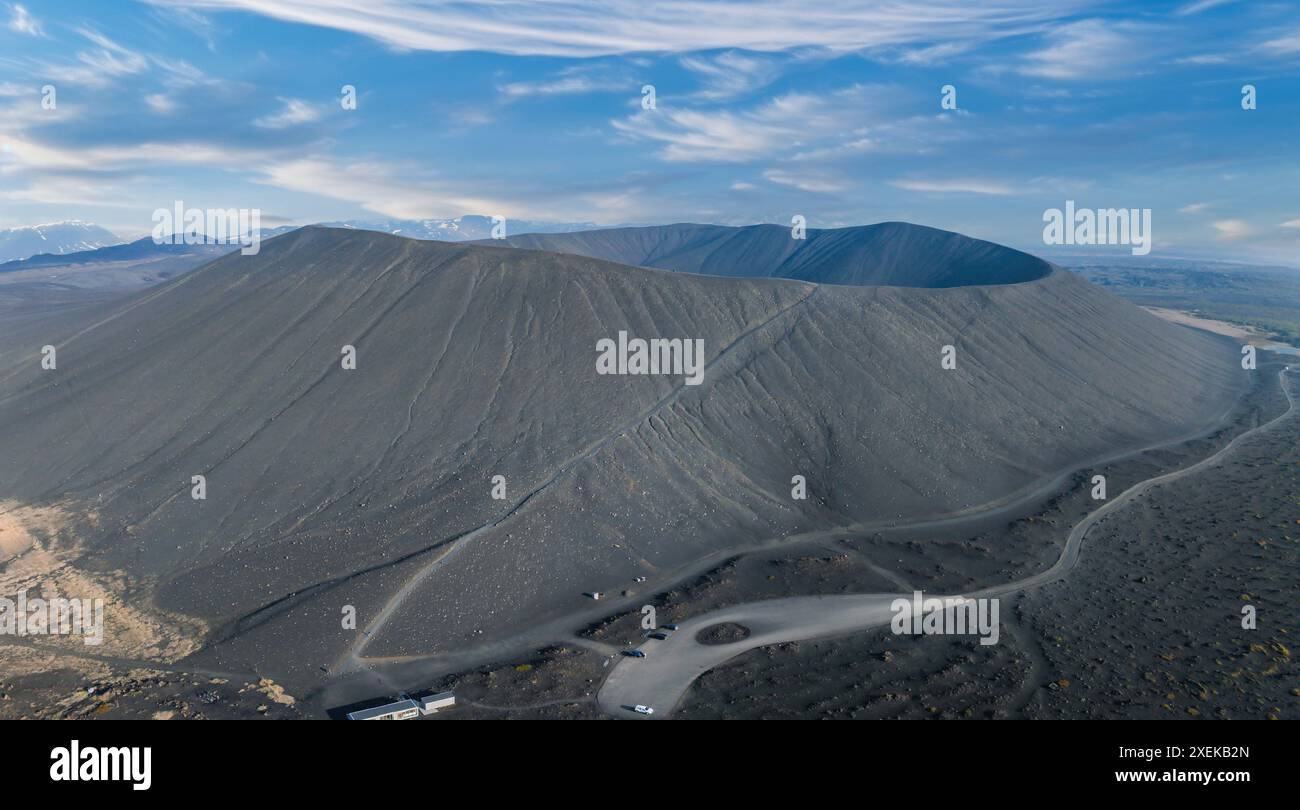 Aerial view of Large Hverfjall volcano crater is Tephra cone or Tuff ...