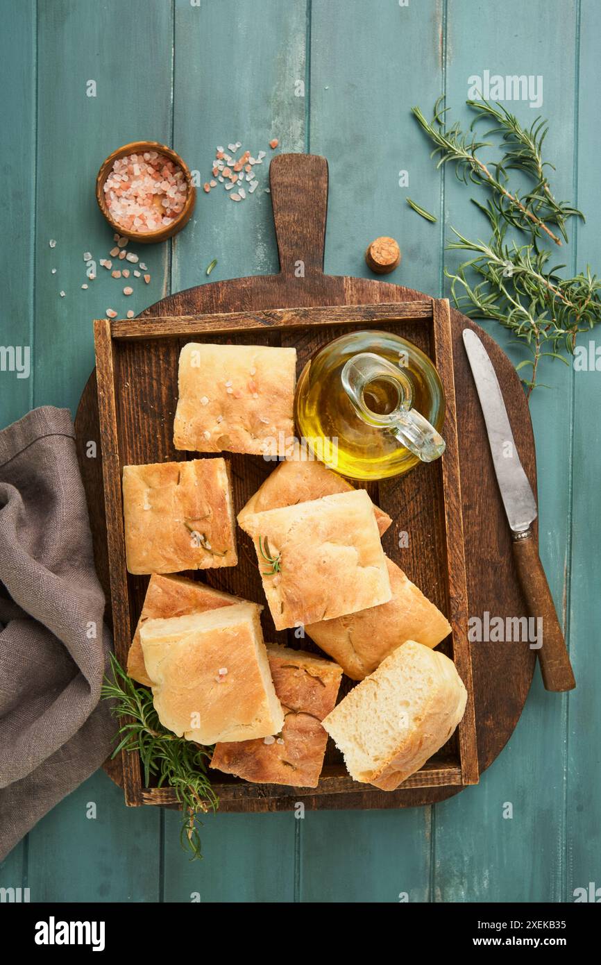 Focaccia. Italian traditional bread and pastry recipe cut into pieces ...