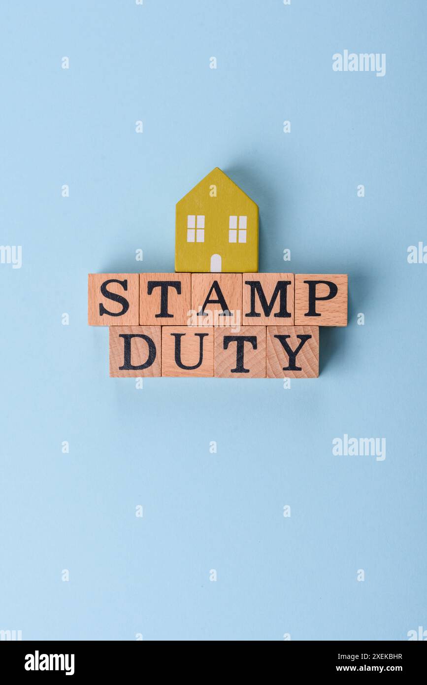 The inscription Stamp Duty made of wooden cubes on a plain background ...