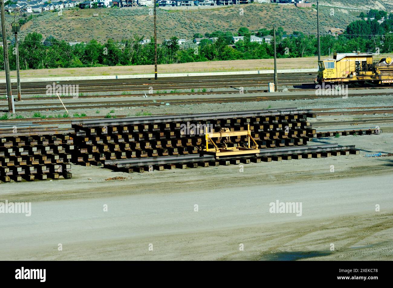 Kamloop, Canada - 22nd June 2023:Yellow lifting block attached to the ...
