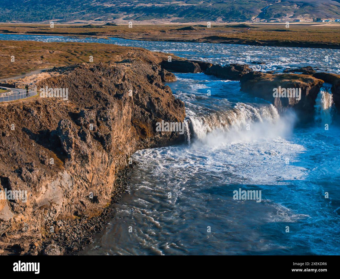 Aerial view of the powerful Godafoss waterfall on a sunny day in ...