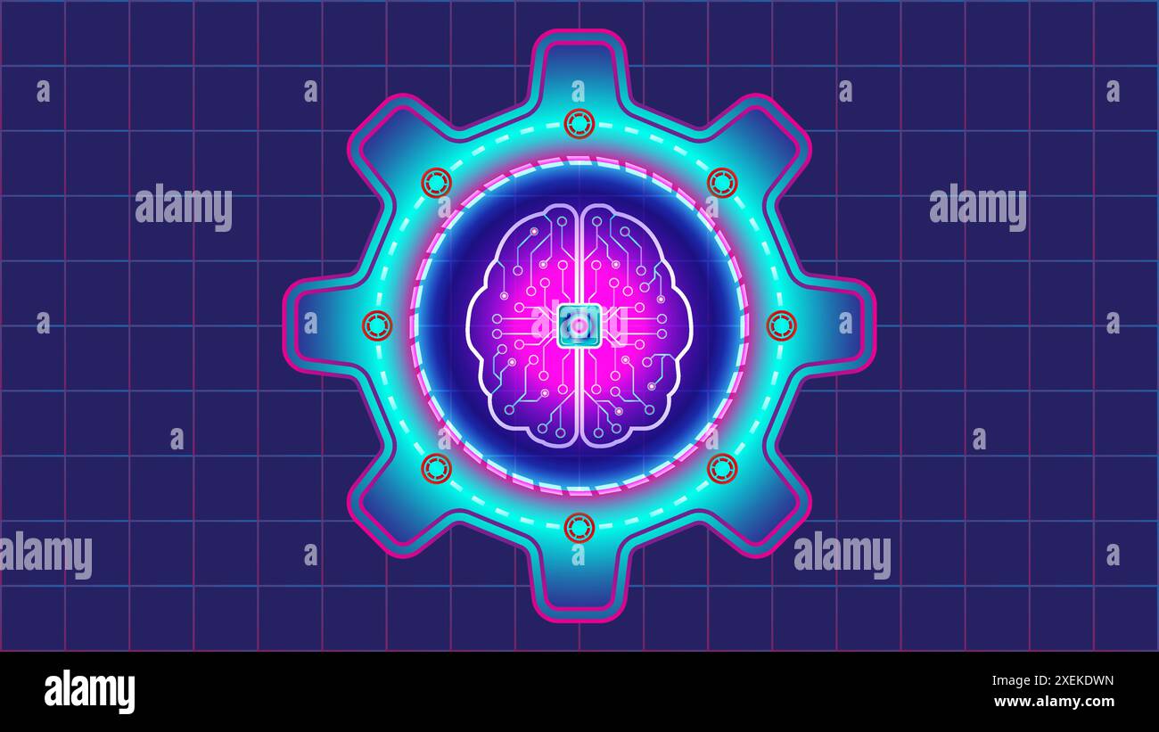Vector illustration of Artificial Intelligence in neon color, featuring a gears, brain with CPU ...
