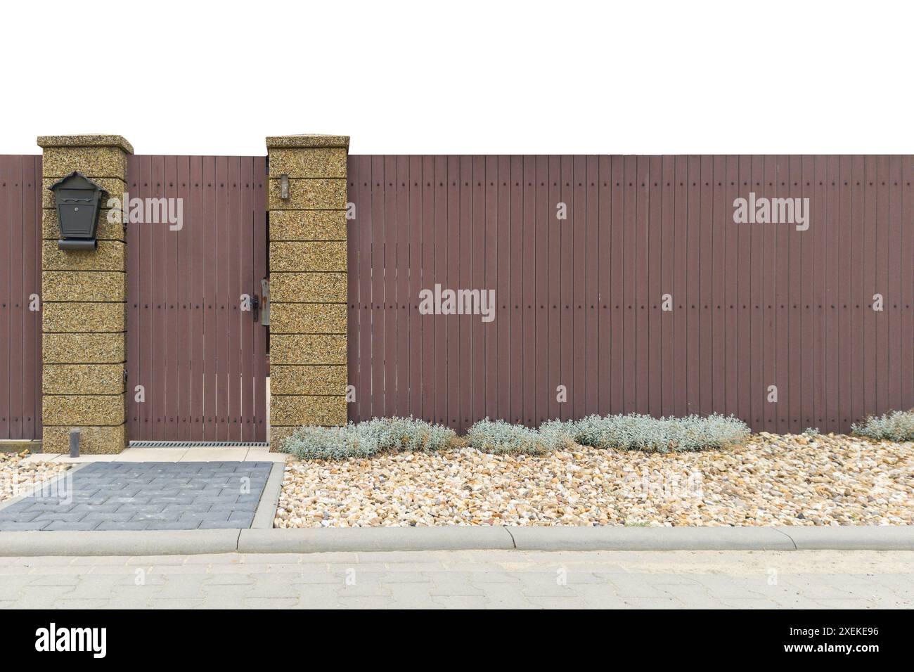 Rustic Brown Gate with Stone Columns Stock Photo - Alamy