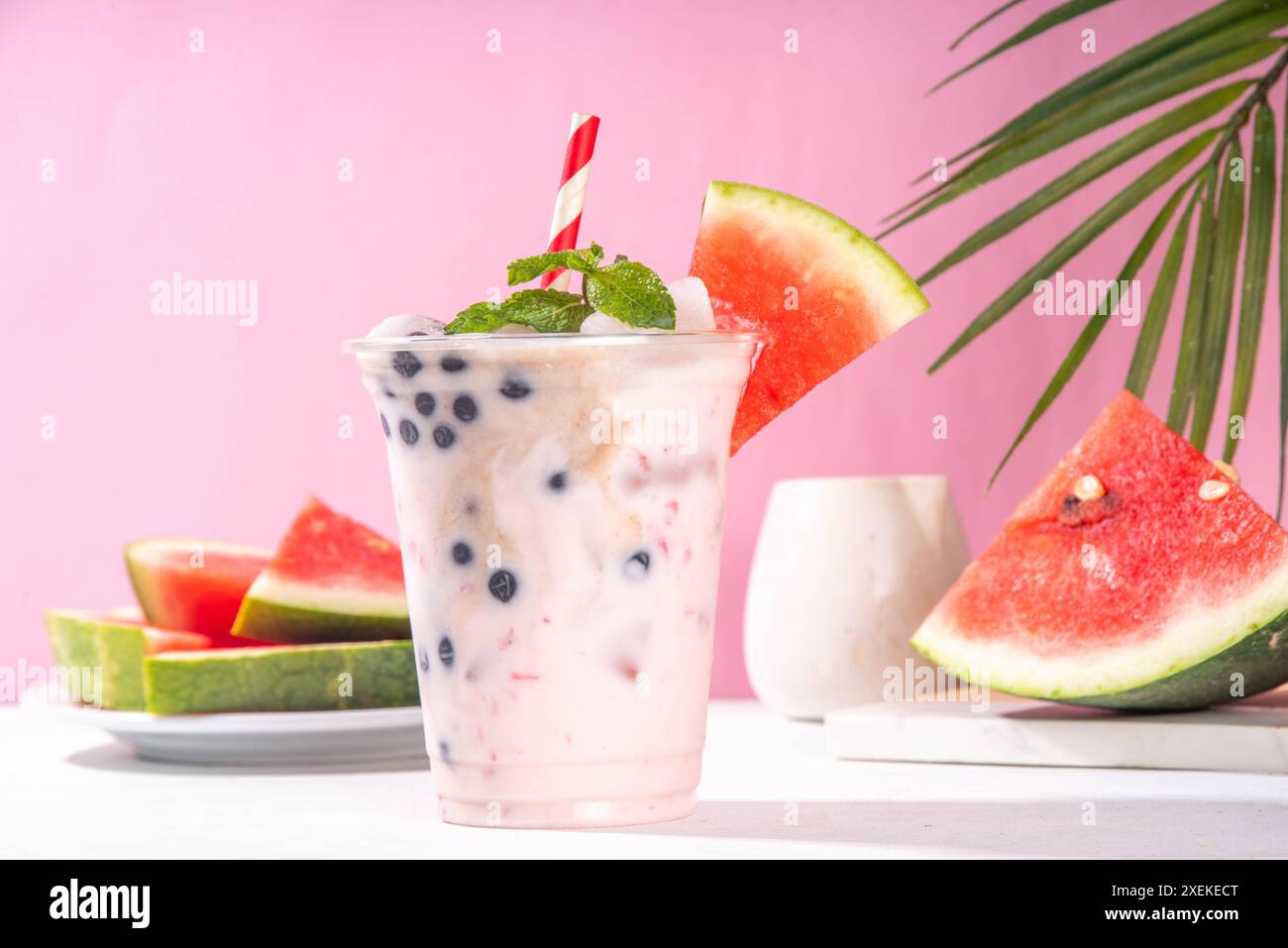 Watermelon boba balls bubble tea cocktail. Refreshing milky non-dairy ...