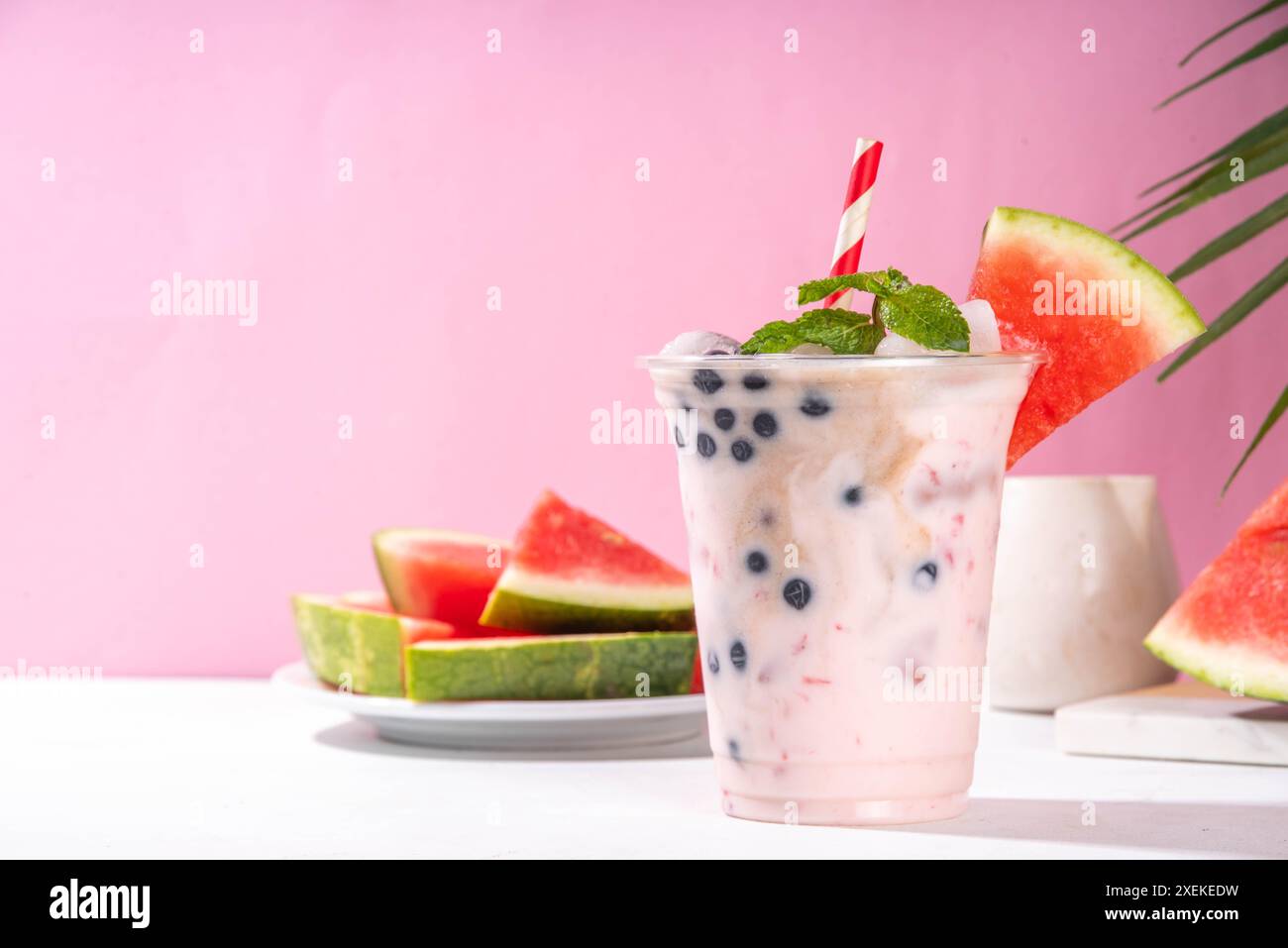 Watermelon boba balls bubble tea cocktail. Refreshing milky non-dairy ...