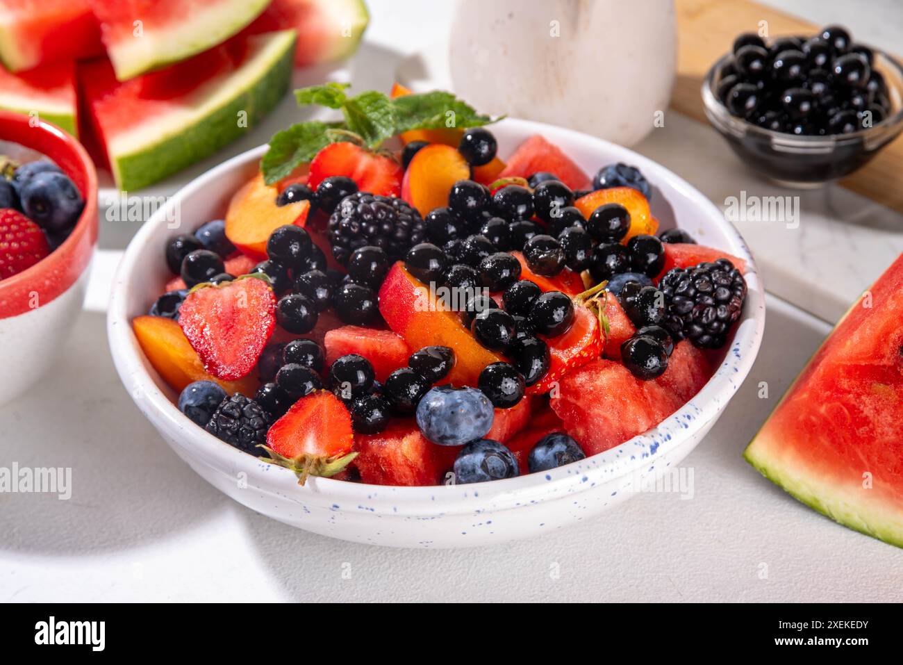 Summer fruit berry salad with tapioca pearls. Healthy diet refreshment ...